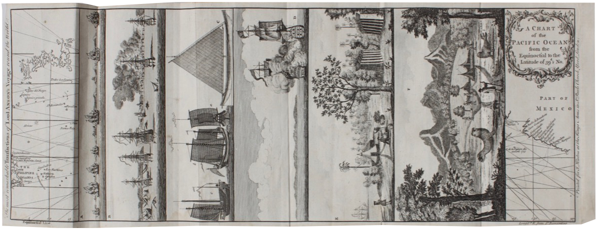 Anson’s Voyage Round the World, Chart with 6 engraved views: a chart of ...